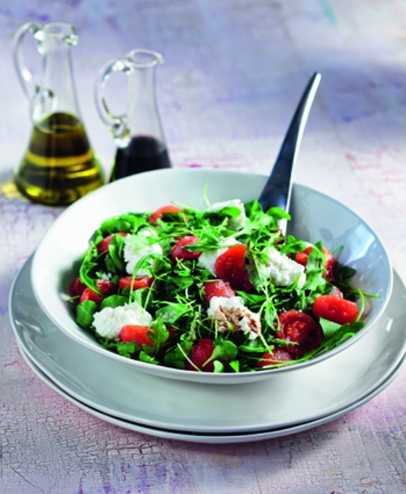 Arugula salad with cherry tomatoes and Katiki cheese from Domokos ...