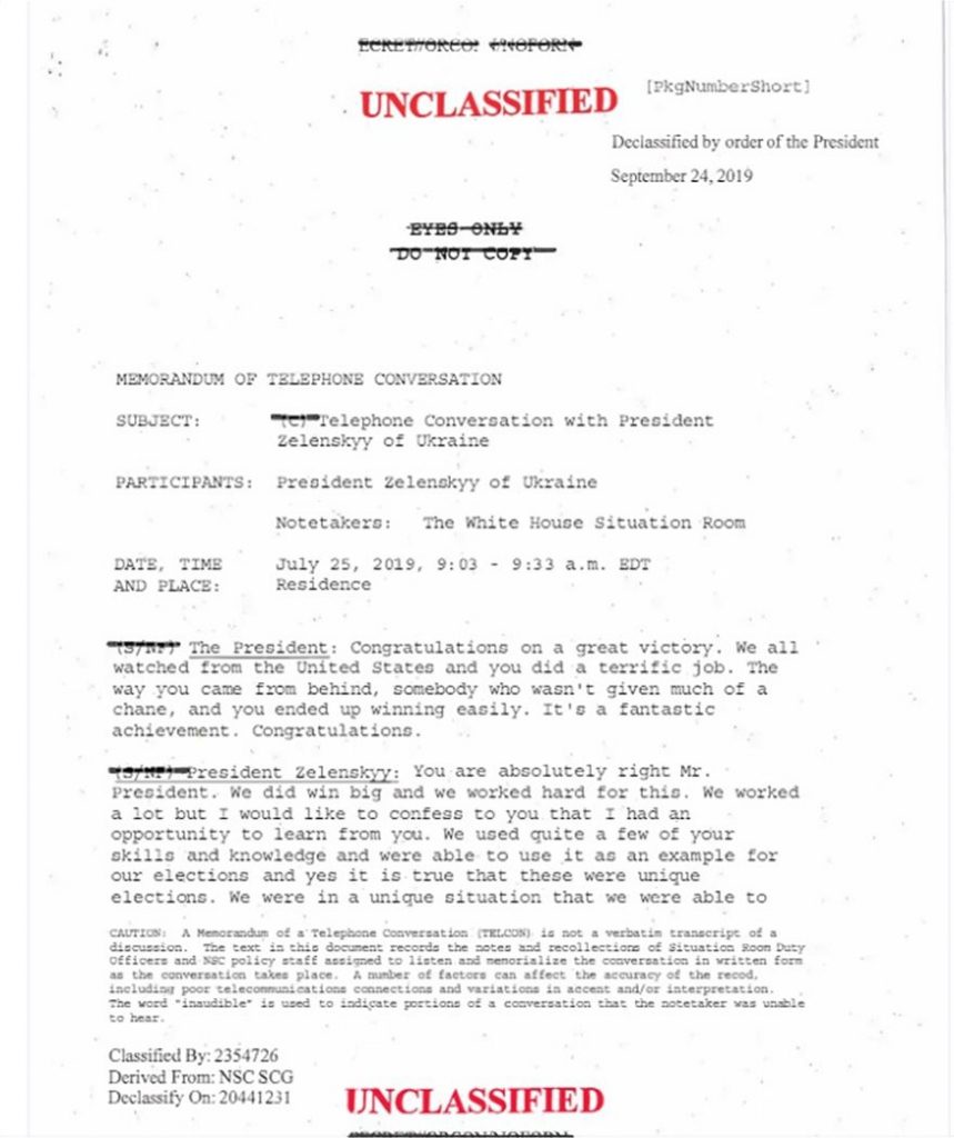 Transcript of Trump’s call with Ukrainian president released (see full ...