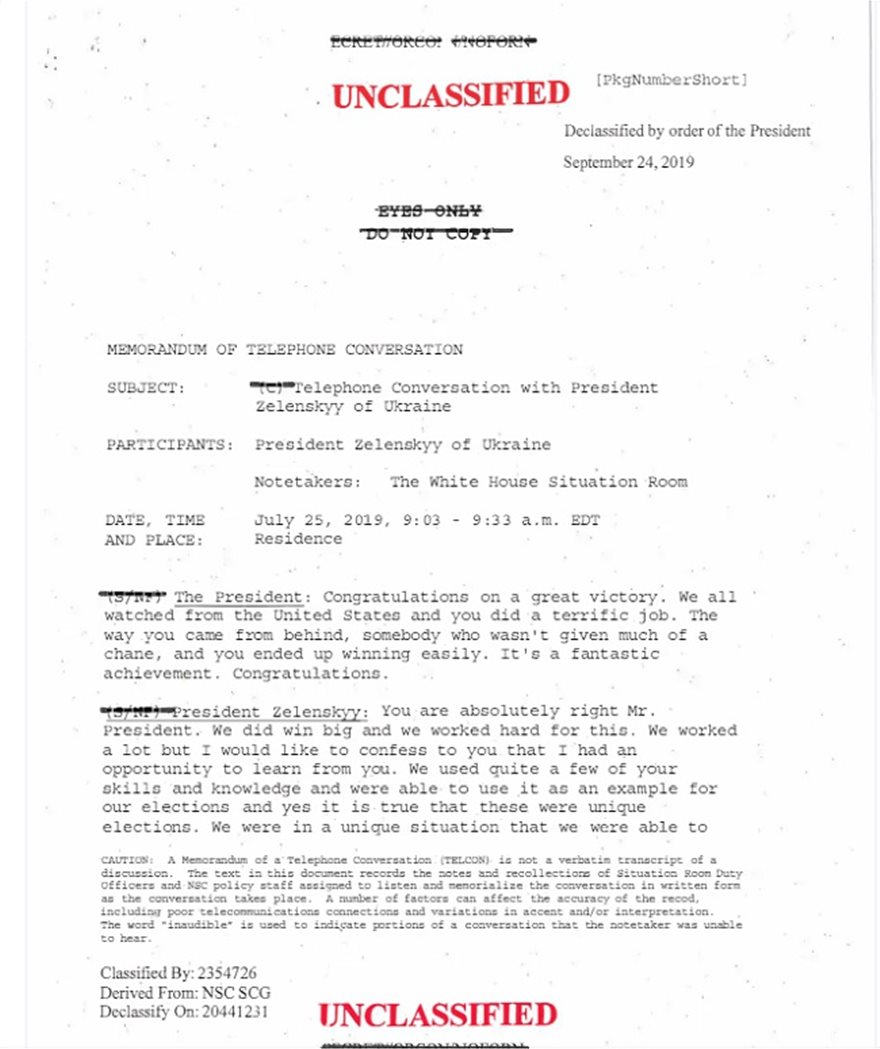 Transcript of Trump’s call with Ukrainian president released (see full ...
