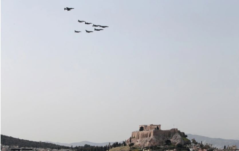 Greek, US and Italian fighter jets fly over the Acropolis in Athens ...