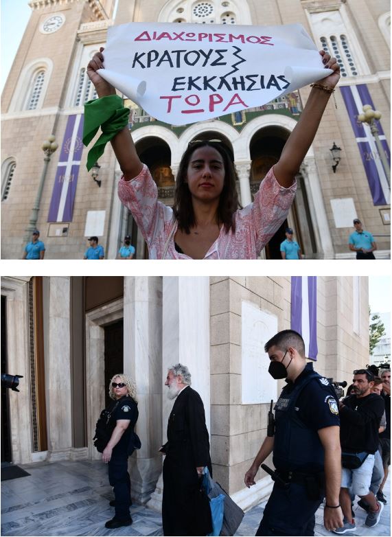 Protests against Greek Church over abortion in front of the Athens ...