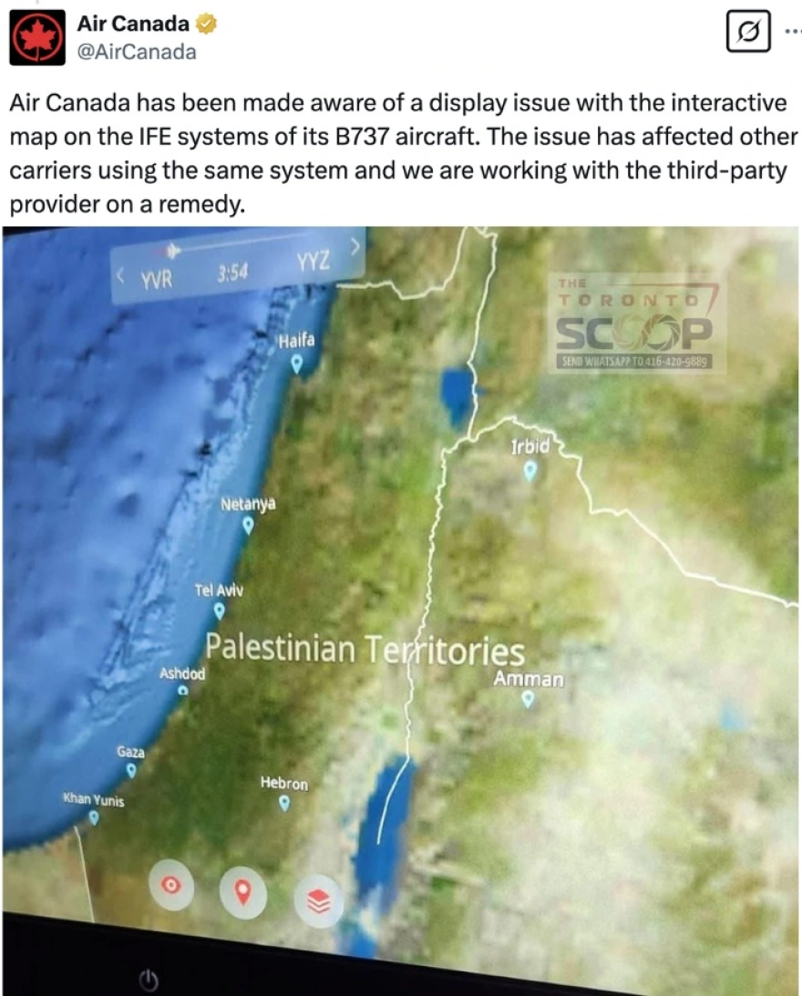 Canada: Air Canada flight map labels Israel as ‘Palestinian Territories ...