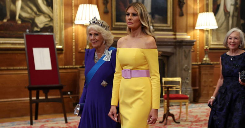 “War” over Melania Trump’s yellow off-shoulder dress at the Windsor ...